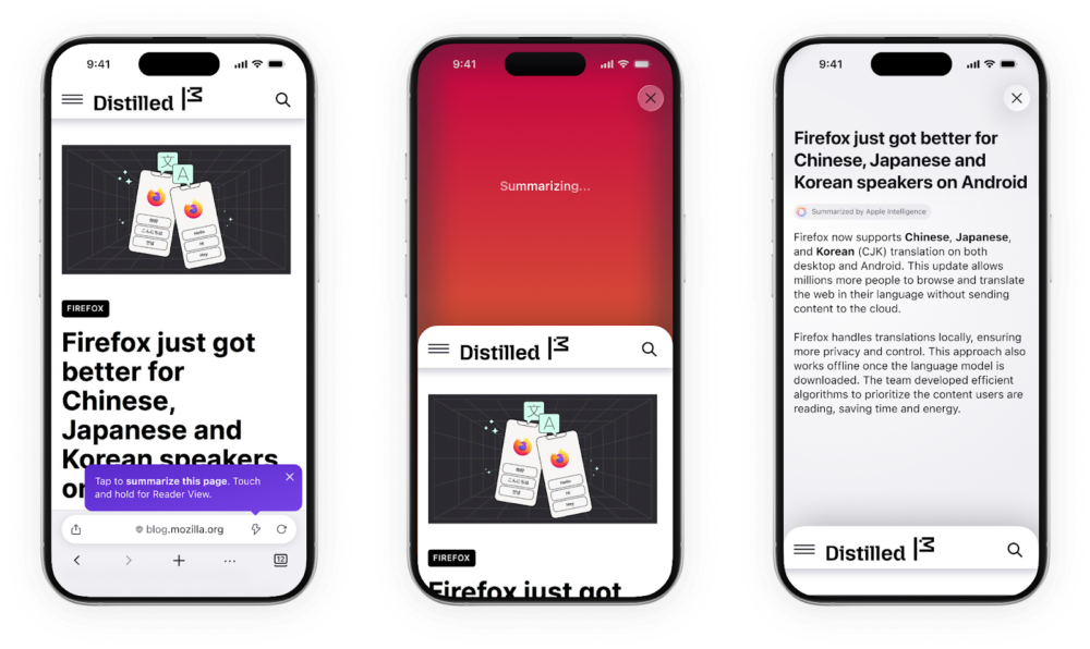 On Firefox for iOS, summarize a page with a shake or a tap