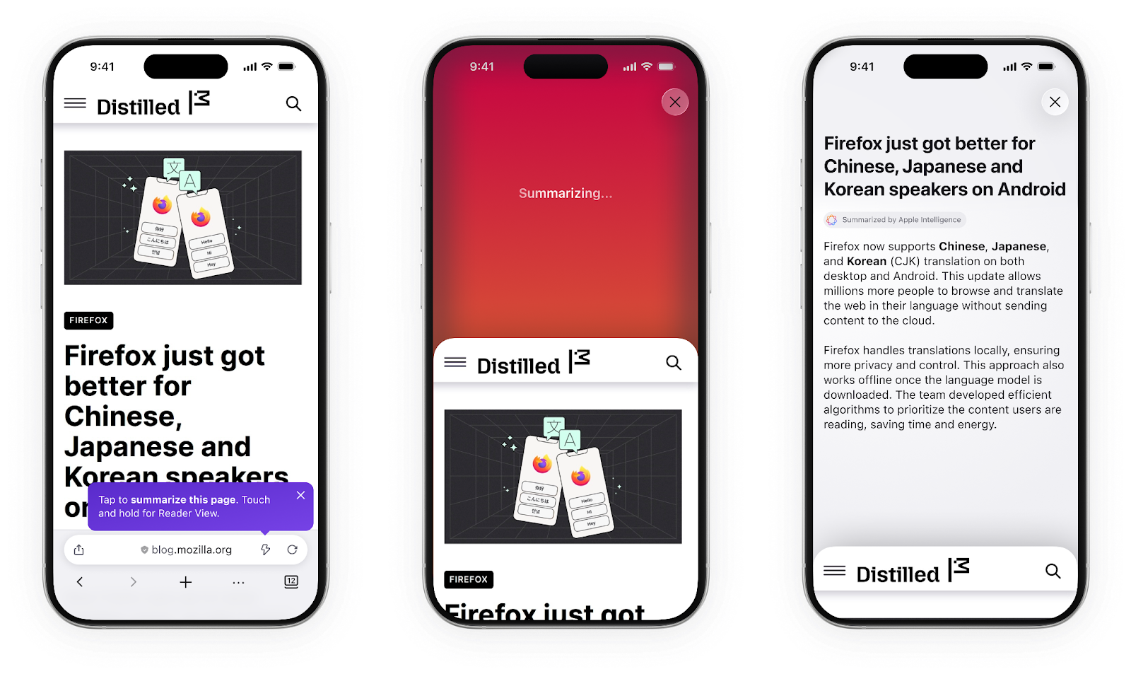 On Firefox for iOS, summarize a page with a shake or a tap